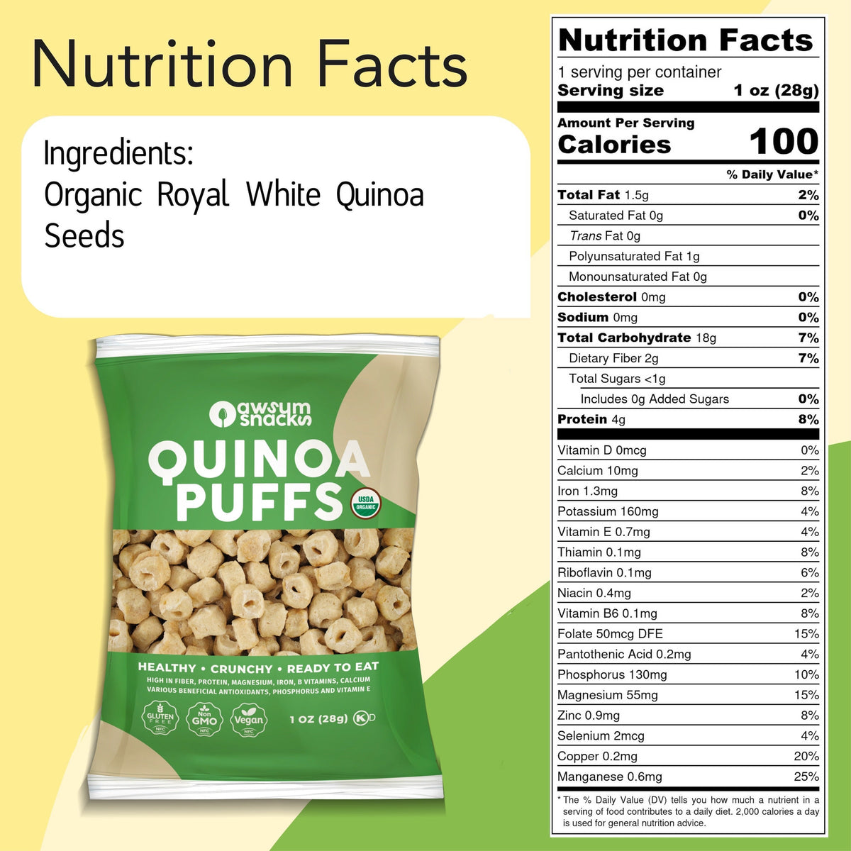 AwsumSnacks Quinoa Puffs – 1 Ingredient, 100-Calorie Healthy Snack ...
