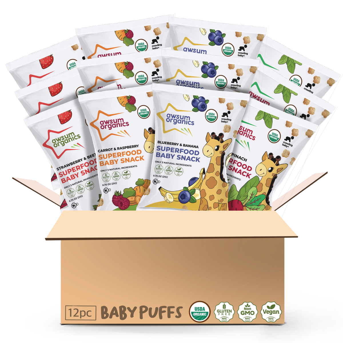 Awsum Organics Baby Snacks Variety Pack – 12 Bags, 0.75 oz, 4 Natural ...